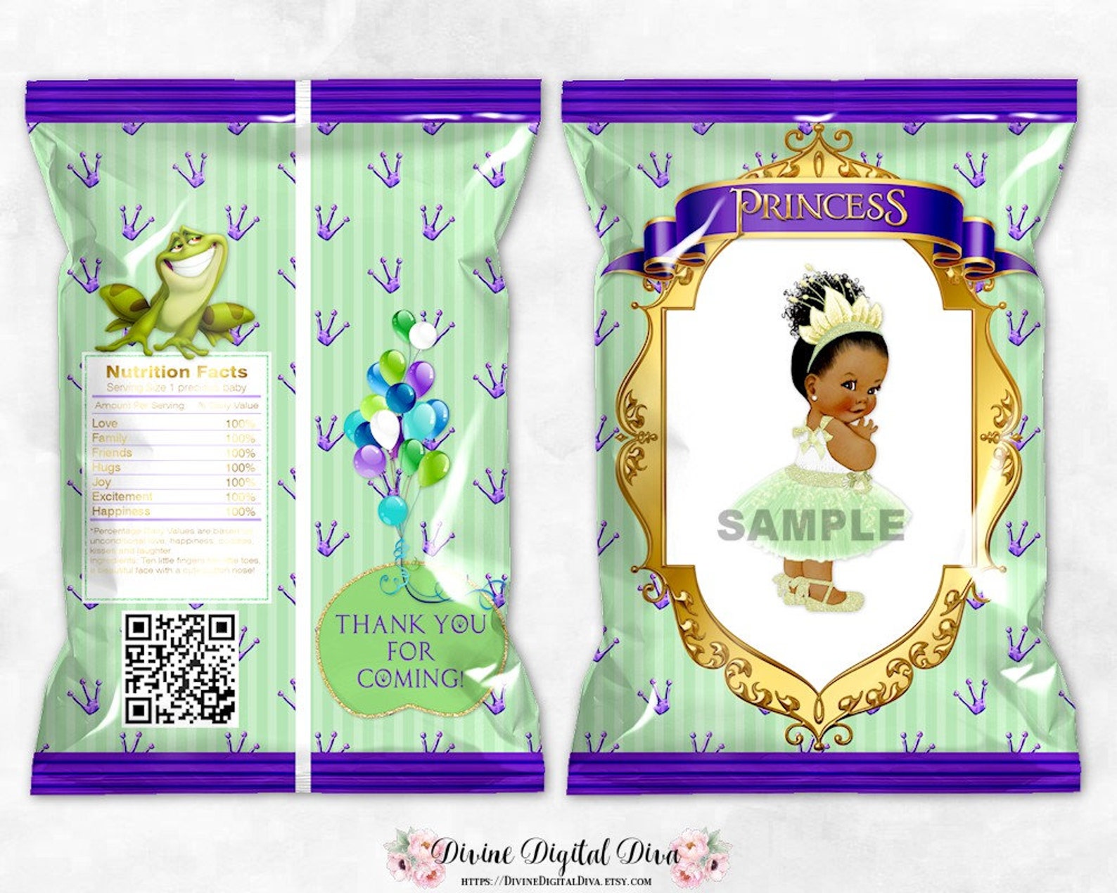 Printable Chip Bags Princess Frog Purple Green Gold Baby | Etsy