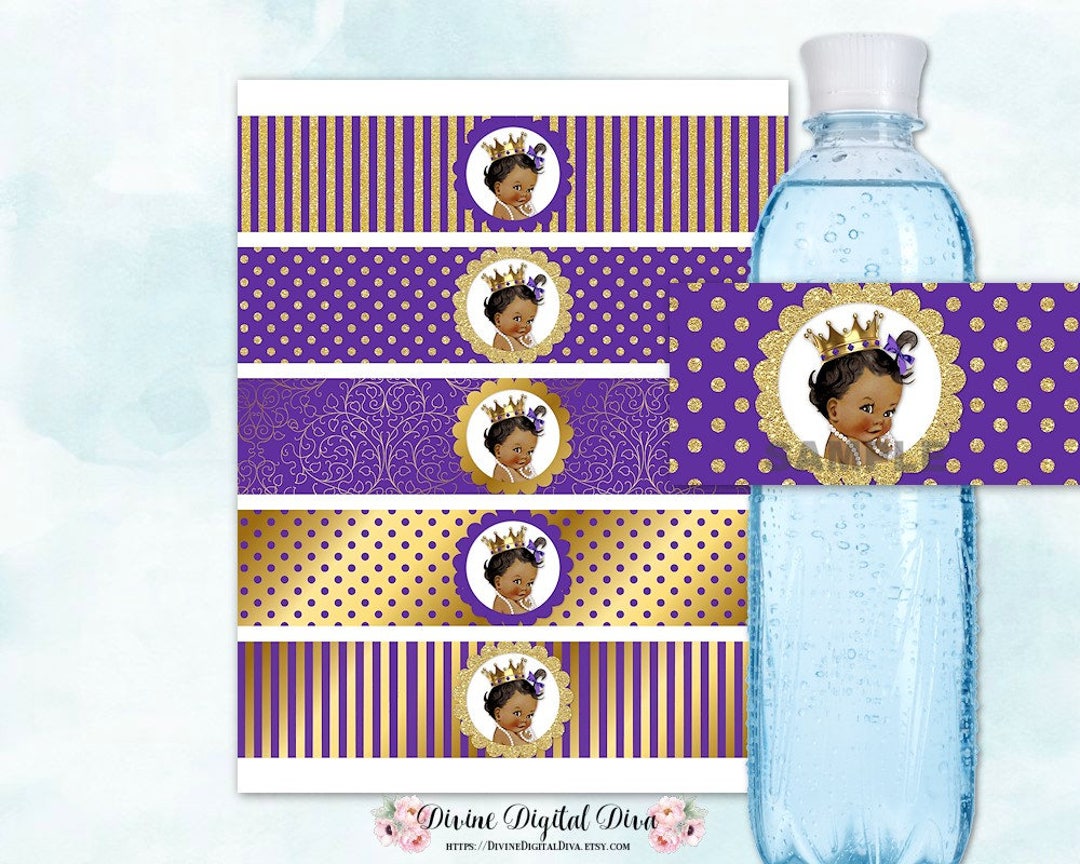 Water Bottle Labels Royal Princess Purple & Gold Baby Girl Dark Tone ...