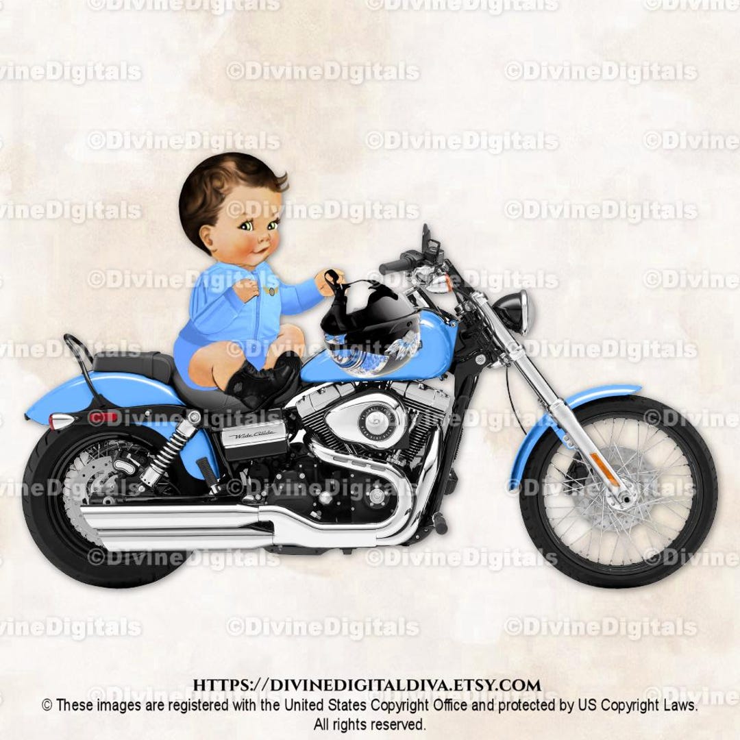 Baby Boy Motorcycle Biker Blue Jacket Black Boots Helmet Light Tone ...