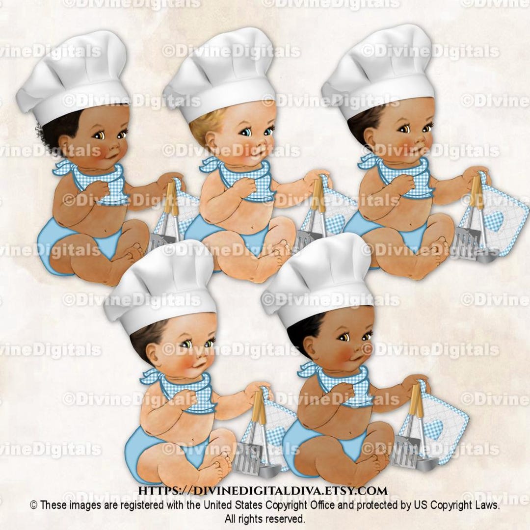 Little Chef Blue Hat Check Scarf Pot Holder Spatula Ladle Sitting Baby ...