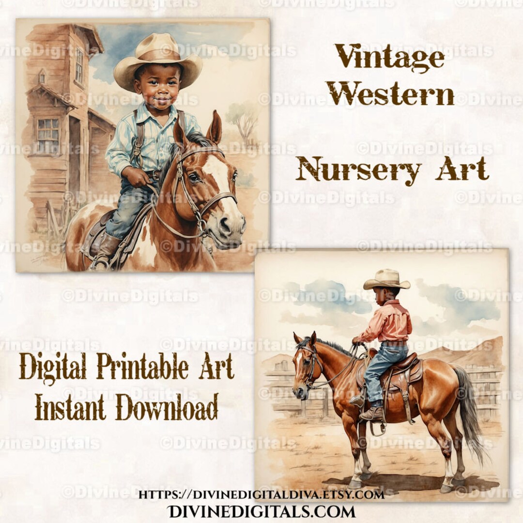 Vintage Western Wall Art Young Boy Portrait Nursery Art Room Horse ...