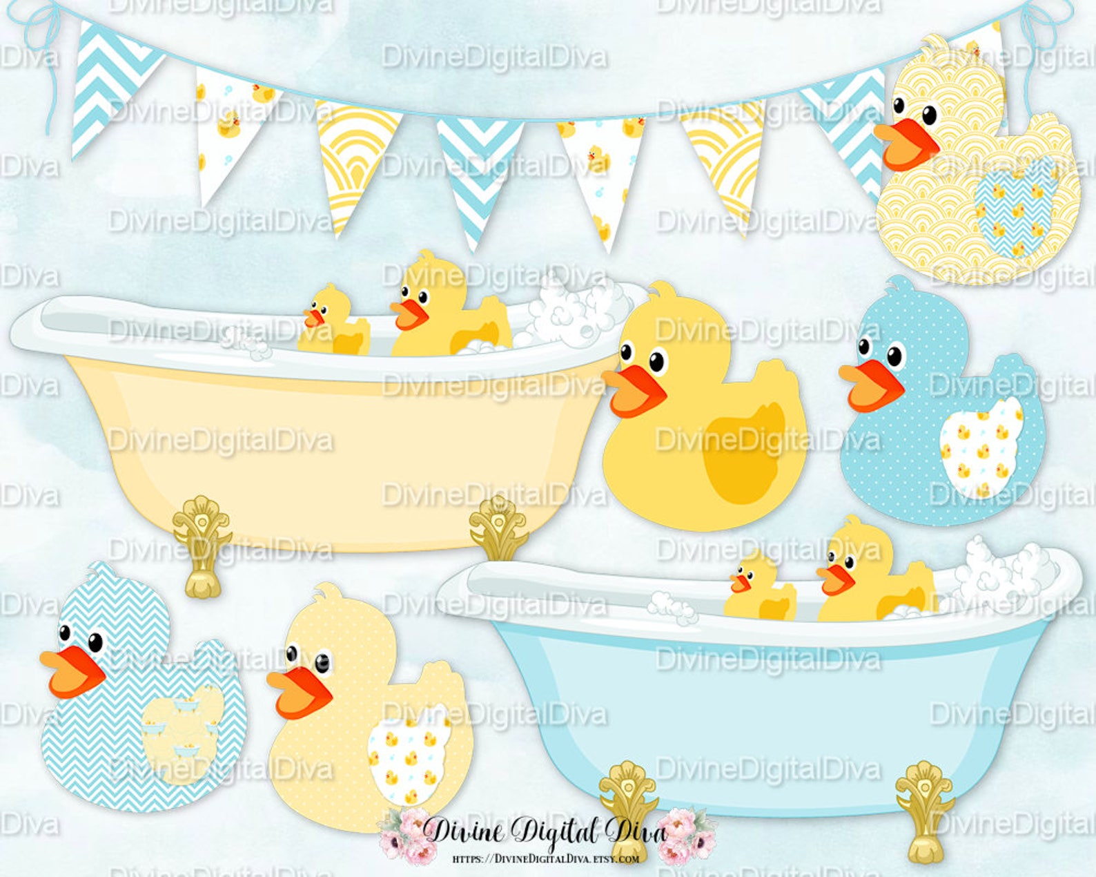 Rubber Duck Ducky Clipart Yellow Aqua Turquoise Bubbles | Etsy