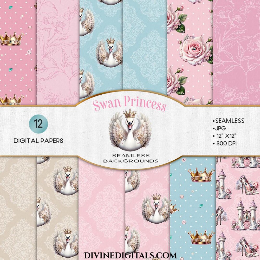 Swan Princess Fairytale Backgrounds Digital Paper Pack Pink Gold Beige ...