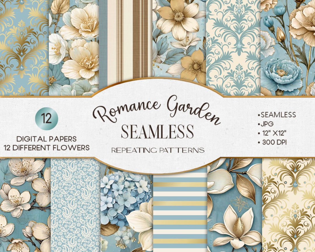 Vintage Botanical Digital Paper Aqua Ivory & Gold Floral Scrapbook ...