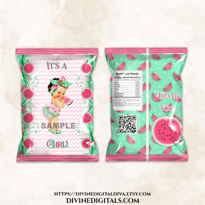 Watermelon Theme It's a Girl Chip Bags Pink & Mint Baby Girl Light ...