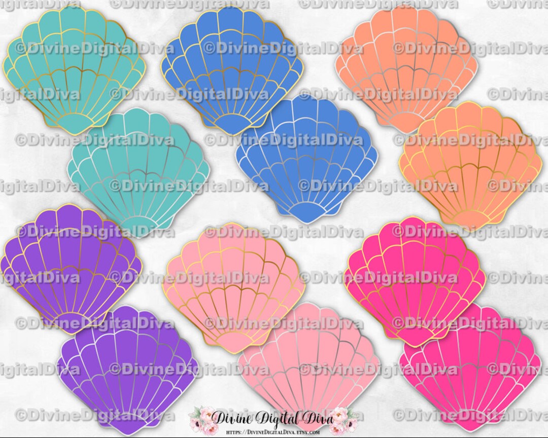Clamshell Clipart for Mermaids Decorations Clam Shells Gold Silver Blue ...
