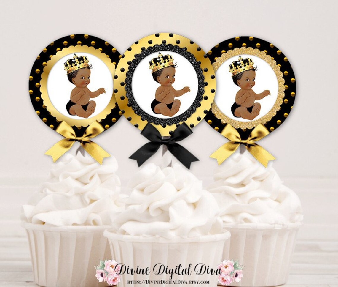 Cupcake Topper Circles Black & Gold Dot Little Prince Baby | Etsy