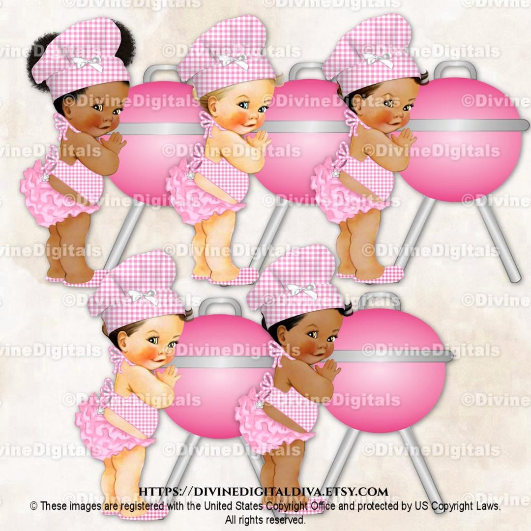 Little Chef Pink White Gingham BBQ Babyq Grill Baby Girl Clipart - Etsy