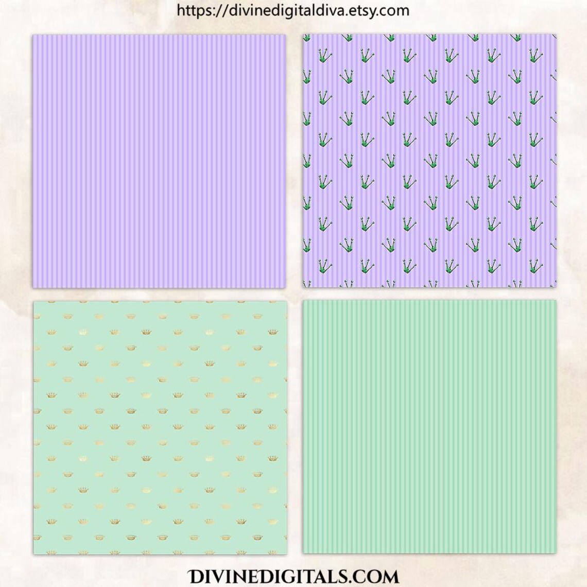 Princess Frog Purple Green Digital Papers Journal Scrapbook CU - Etsy