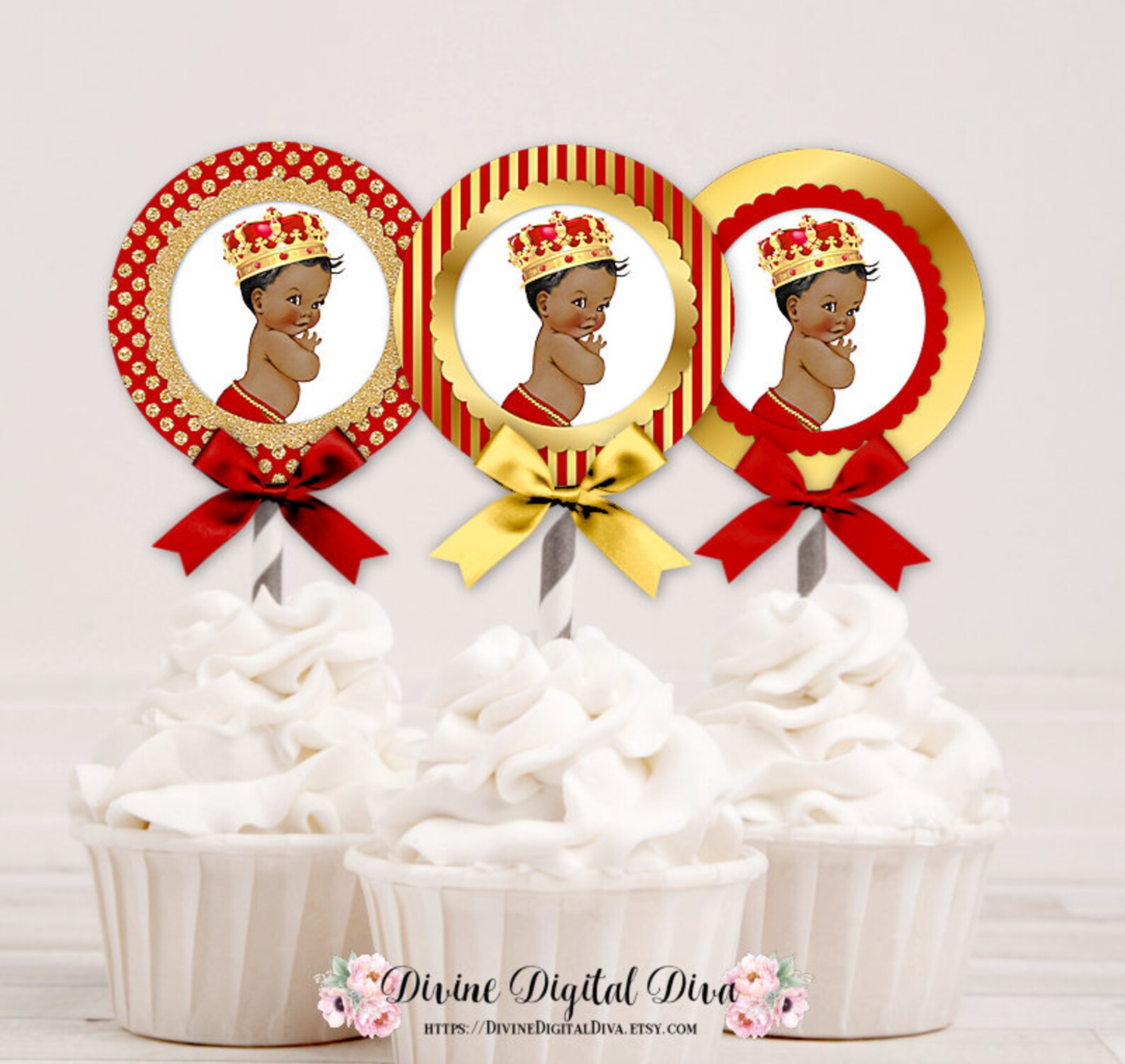 Prince Cupcake Topper Circles Red & Gold Baby Boy Dark Tone | Etsy