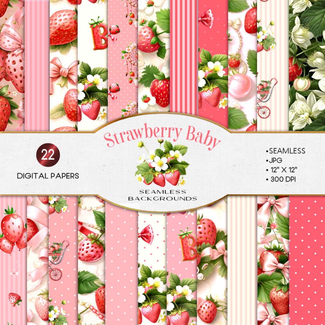 22 Strawberry Baby Theme Pink Red Ivory Seamless Digital Printable ...