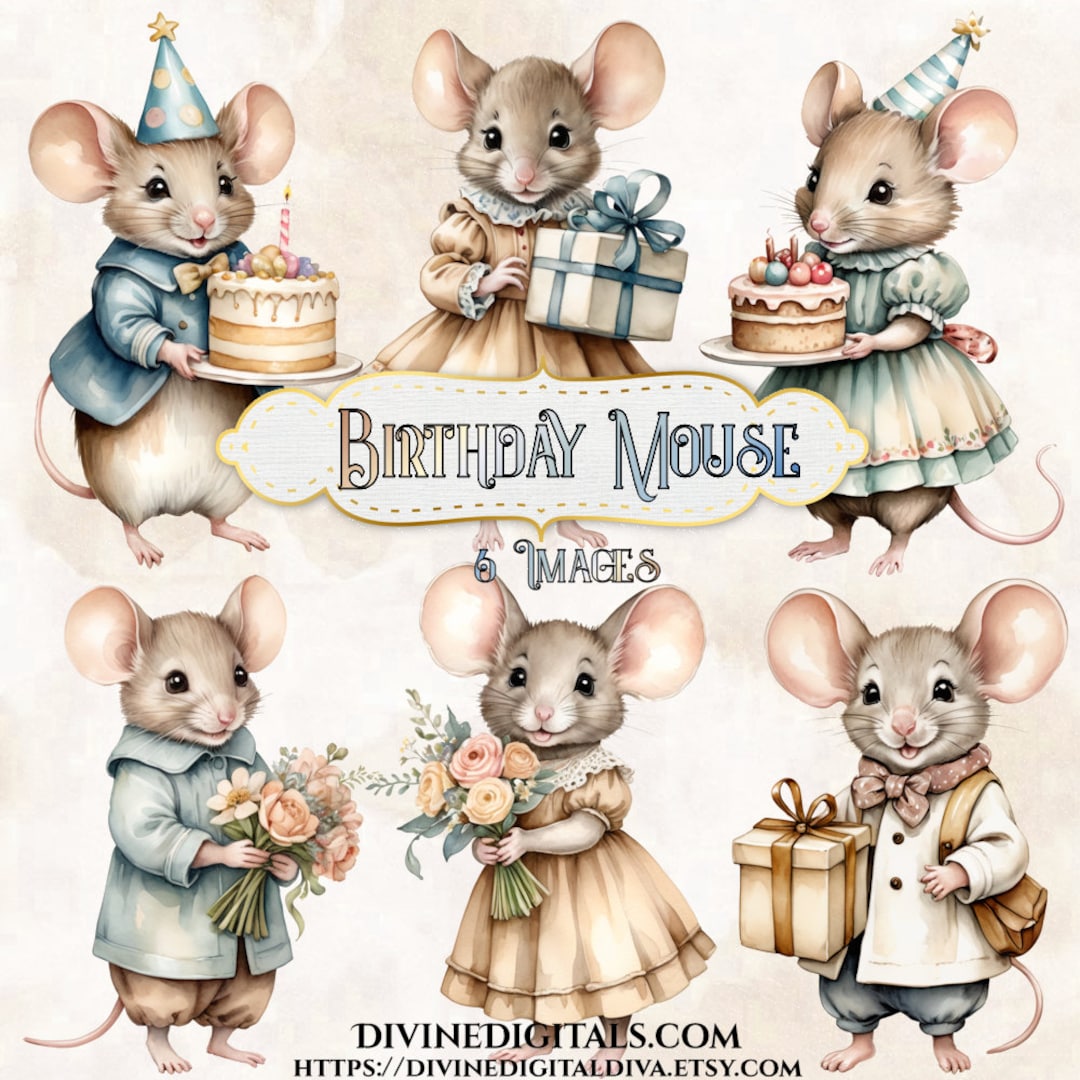 Watercolor Birthday Mouse Holding Cake Present & Flowers Boy Girl ...