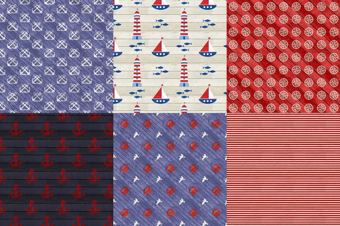 Nautical Woods Digital Paper Navy Red Blue & off White - Etsy