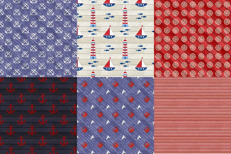 Nautical Woods Digital Paper Navy Red Blue & Off White | Etsy