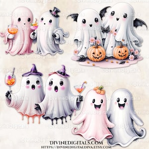 Cute Ghosts Pink Orange Black White Pumpkins Bats Latte Broom Witches ...