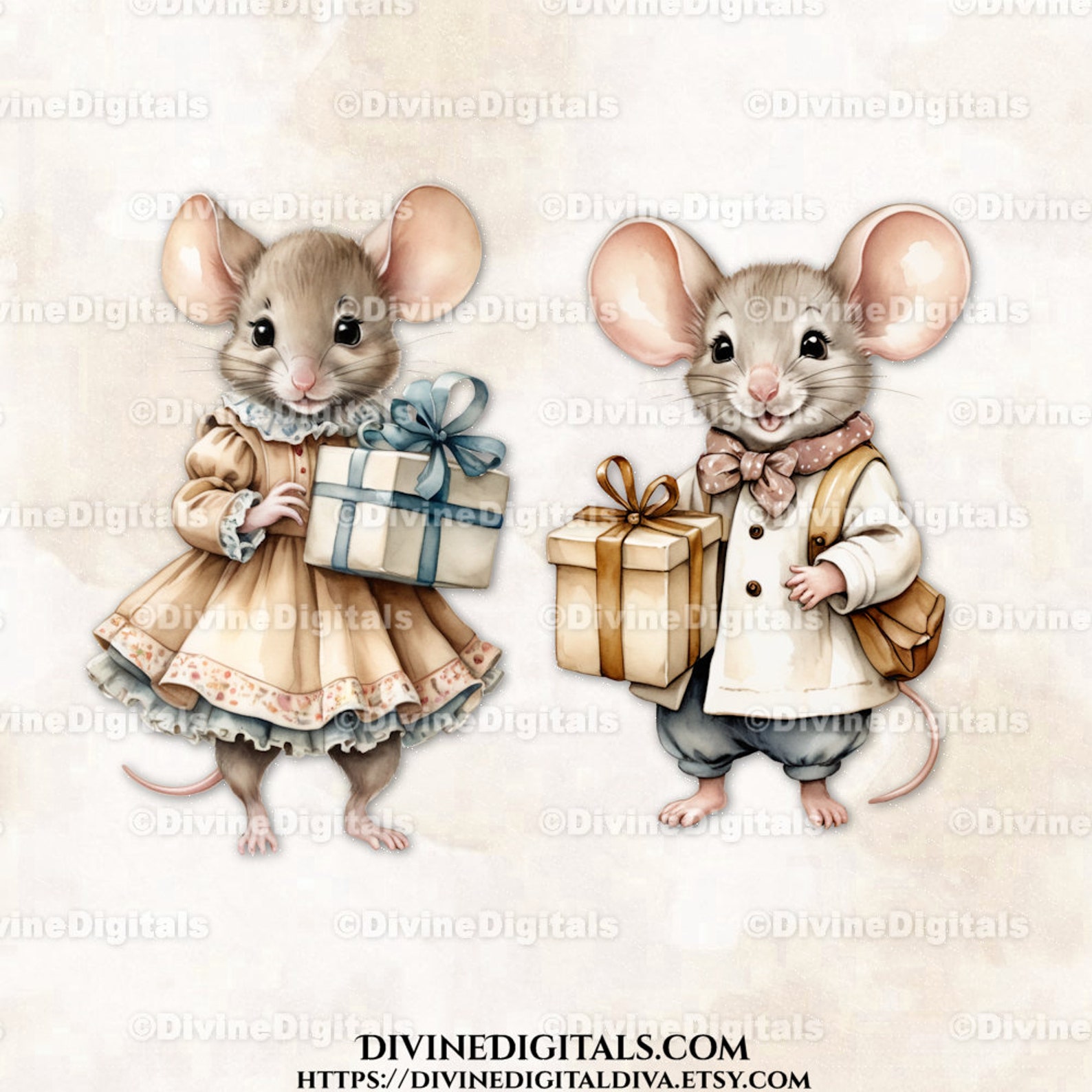 Watercolor Birthday Mouse Holding Cake Present & Flowers Boy Girl ...
