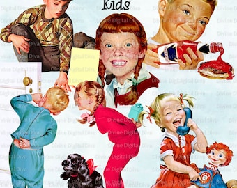 Retro Kids Vintage 50s Children Mid Century Modern Clipart Instant Download