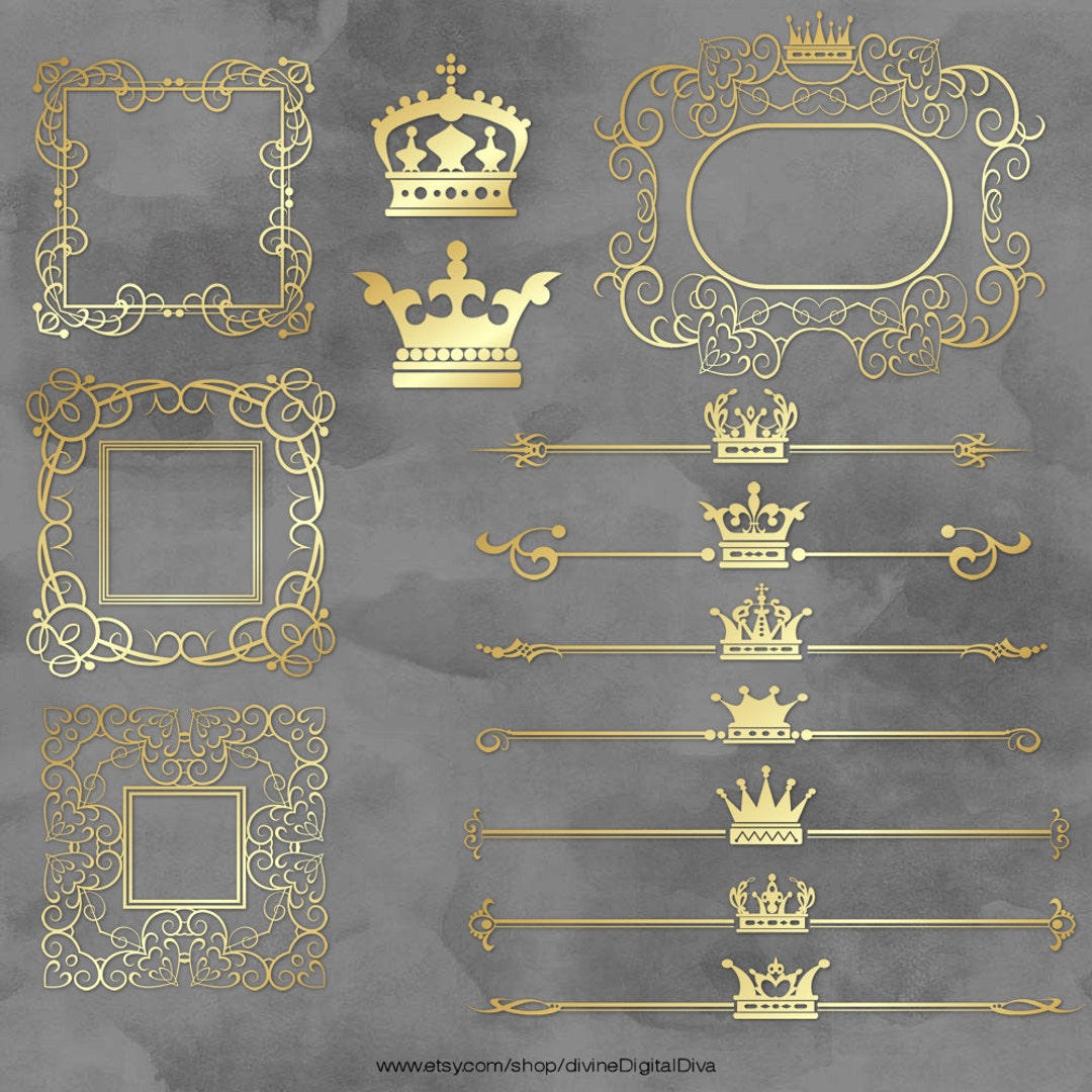 Prince Princess Elements Set Frames Dividers Crowns Gold Clipart ...
