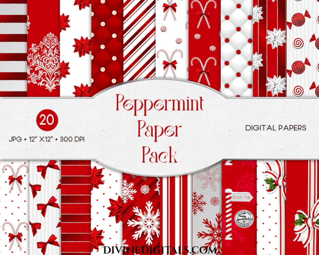 Christmas Peppermint Digital Paper Pack Red & White Silver Candy Cane ...