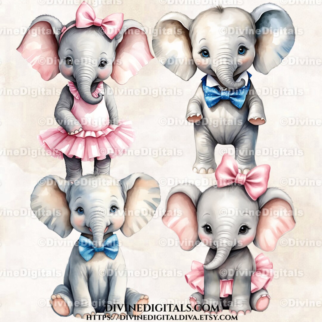 Watercolor Baby Elephants Blue Bow Tie Pink Tutu Gender Reveal Nursery ...
