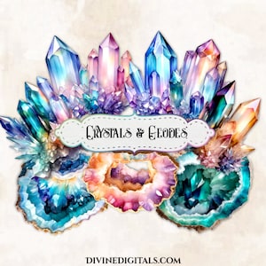 Watercolor Crystals & Geodes Gold Clipart, Mystical, Iridescent Gems ...