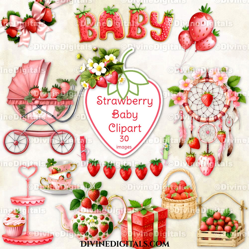 Strawberry Red Pink Theme Baby Clipart Birthday Tea Party - Etsy