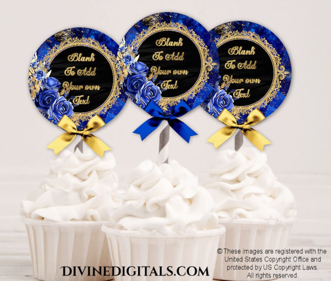 Blank Printable Cupcake Toppers Royal Blue & Gold Floral Roses Glitter ...