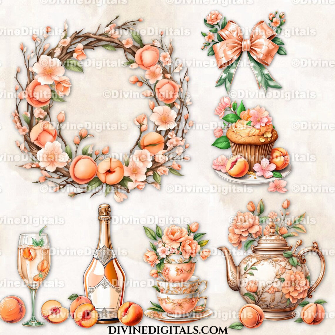 Peach Theme Peaches Birthday Seamless Papers Ivory Green Gold Clipart ...