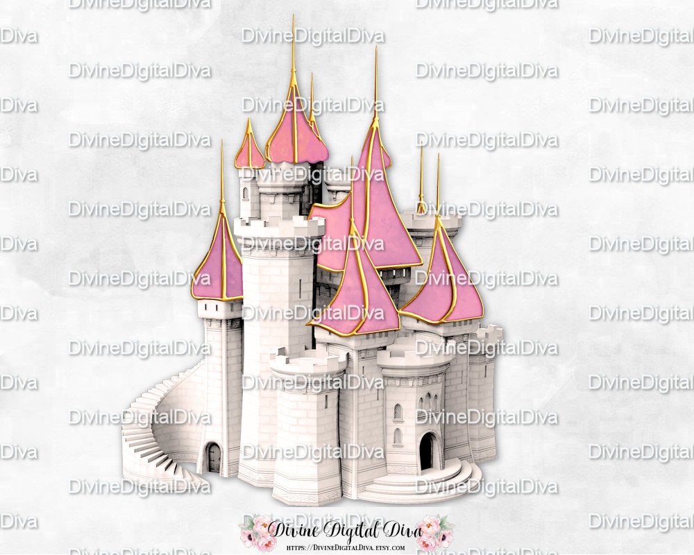 Pink Roof White Castle Gold Trimmed Turrets Fairytale | Etsy
