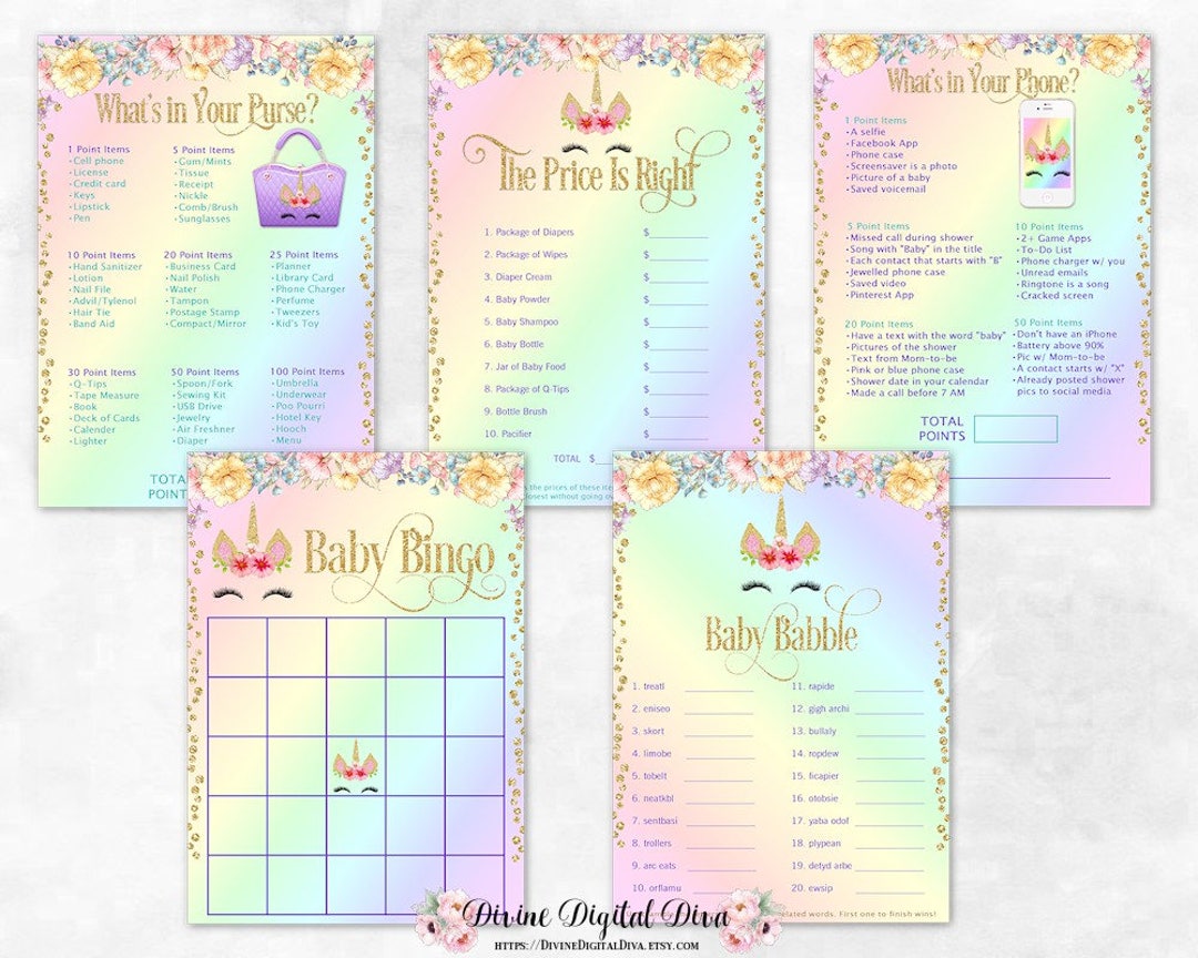 Unicorn Baby Shower Games Package | Price is Right Baby Babble Purse ...