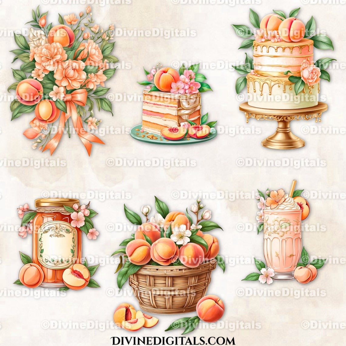 Peach Theme Peaches Birthday Seamless Papers Ivory Green Gold Clipart ...