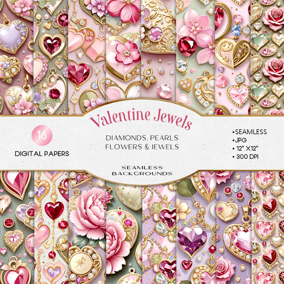 Valentine Jewels Hearts Roses Diamonds Rubies Pearls Seamless ...
