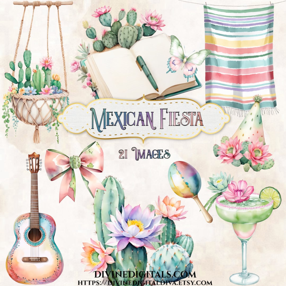 Mexican Fiesta Clipart Preppy Mexico Party Desert Cactus Flower Blanket ...