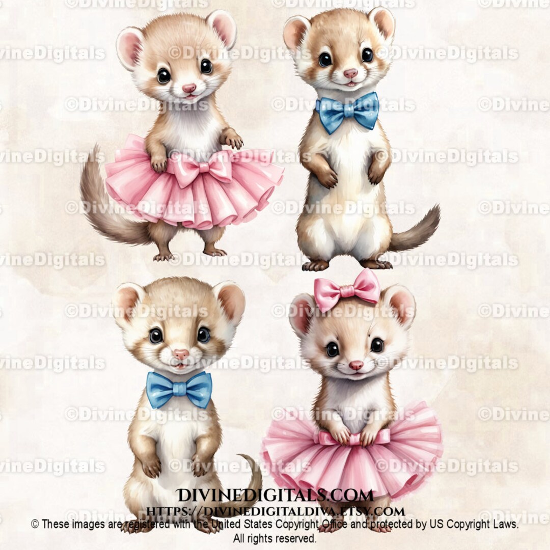 Watercolor Baby Weasel Blue Bow Tie Pink Tutu Ballerina Gender Reveal ...