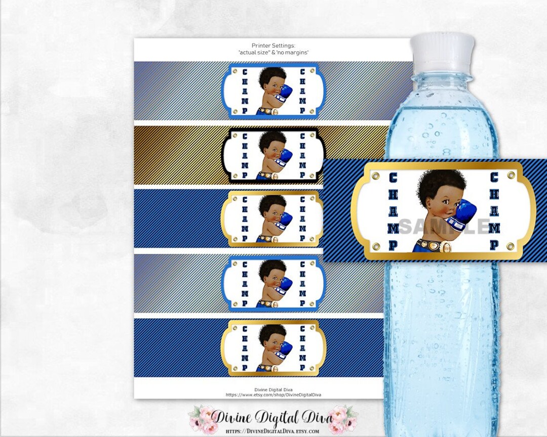 Boxer Champ Water Bottle Labels Blue Black Gold Stripes | Baby Boy Dark ...