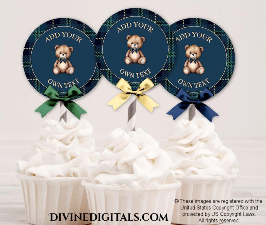 Teddy Bear Plaid Blank 2" Circles Cupcake Topper Candle Label Etc ...