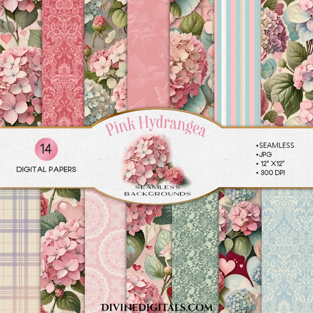 Pink Hydrangeas Sage Lavender Ivory Aqua Vintage Botanical Flowers ...