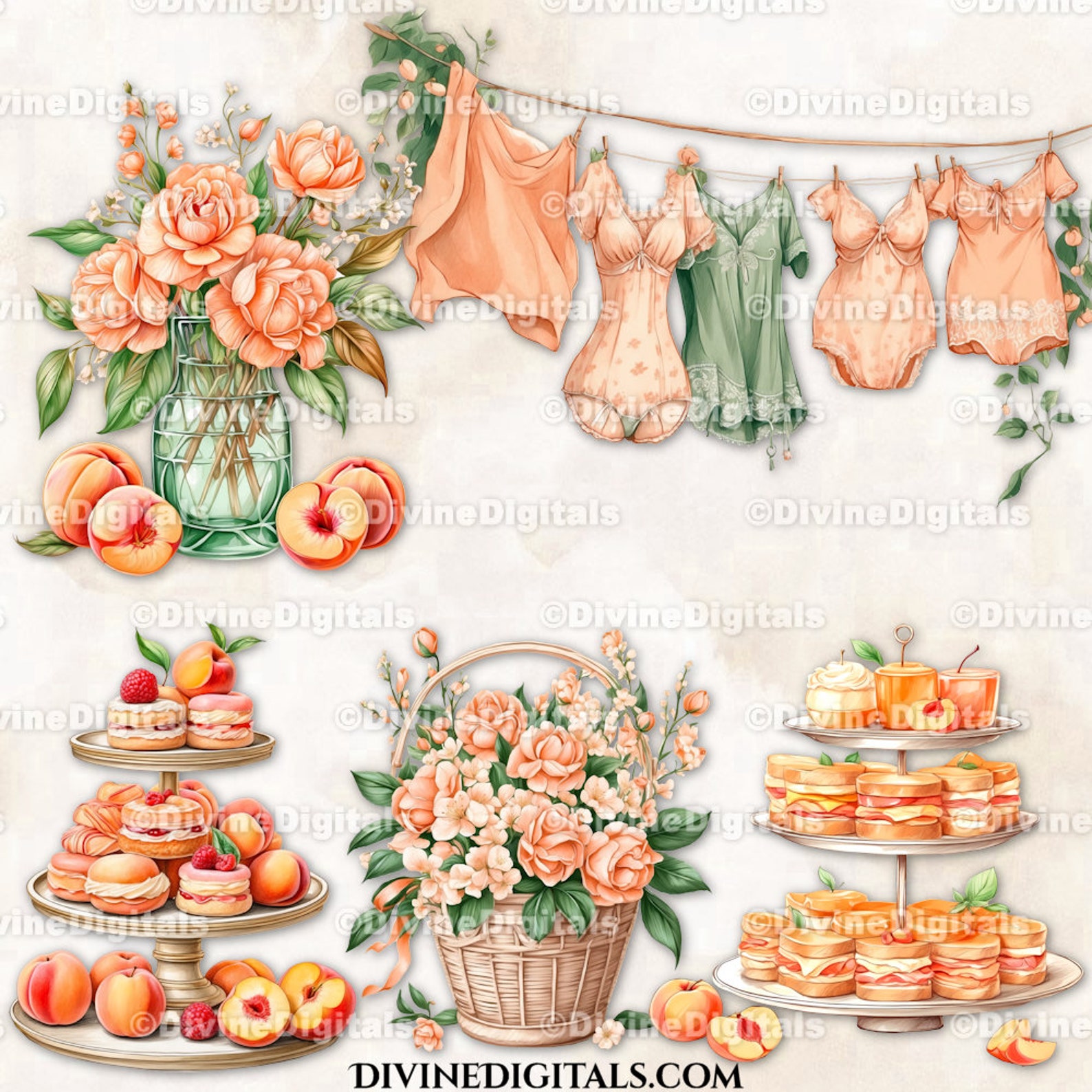 Peach Theme Peaches Birthday Seamless Papers Ivory Green Gold Clipart ...