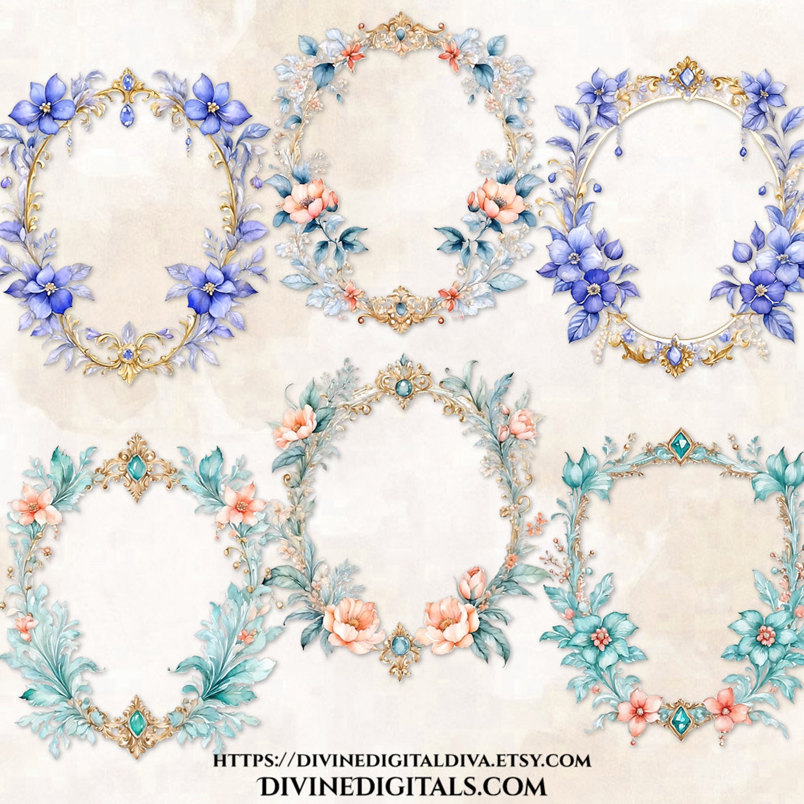25 Watercolor Floral Frames Flowers Gems Pearls Gold Pink Scrapbook ...
