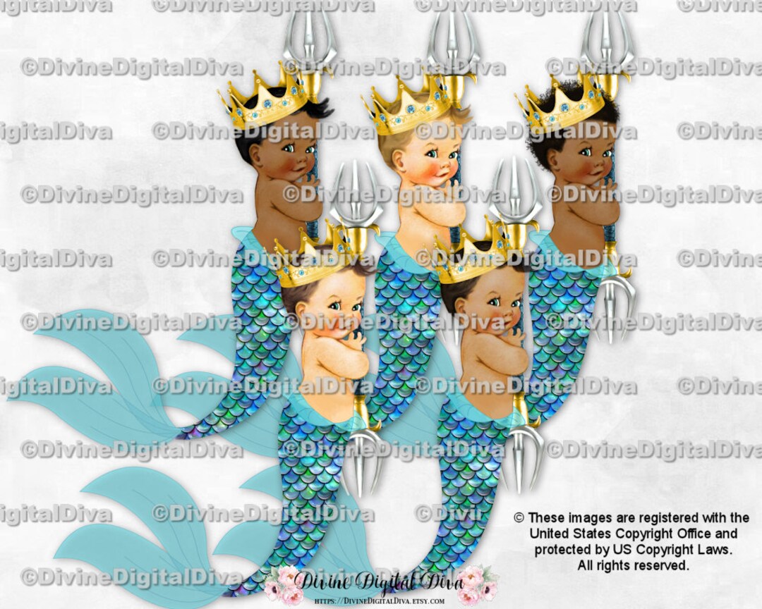 Little Prince Turquoise Blue Green Merman Tail Fins Trident & Gold ...