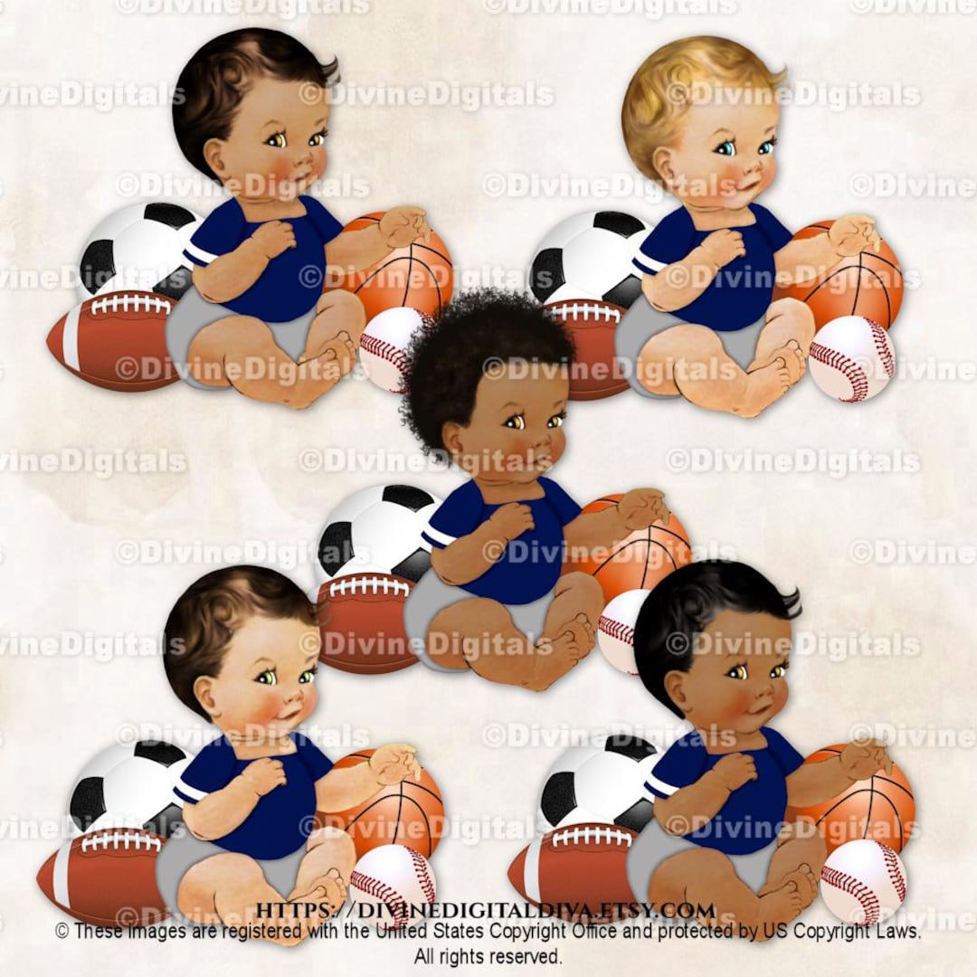 Baby Boy Sitting Sport Theme Set Navy Blue Gray Basketball Football ...