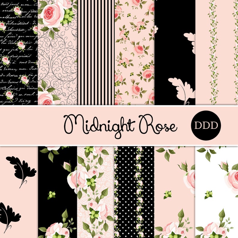 Midnight Rose Digital Paper Pack Black Blush Pink Roses Instant ...