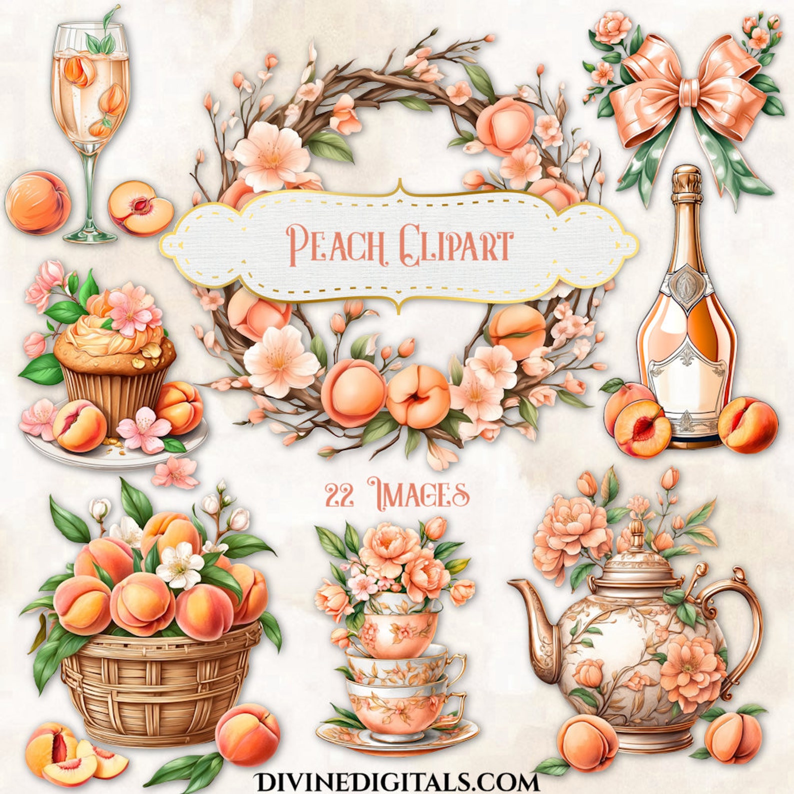 Peach Theme Peaches Birthday Seamless Papers Ivory Green Gold Clipart ...
