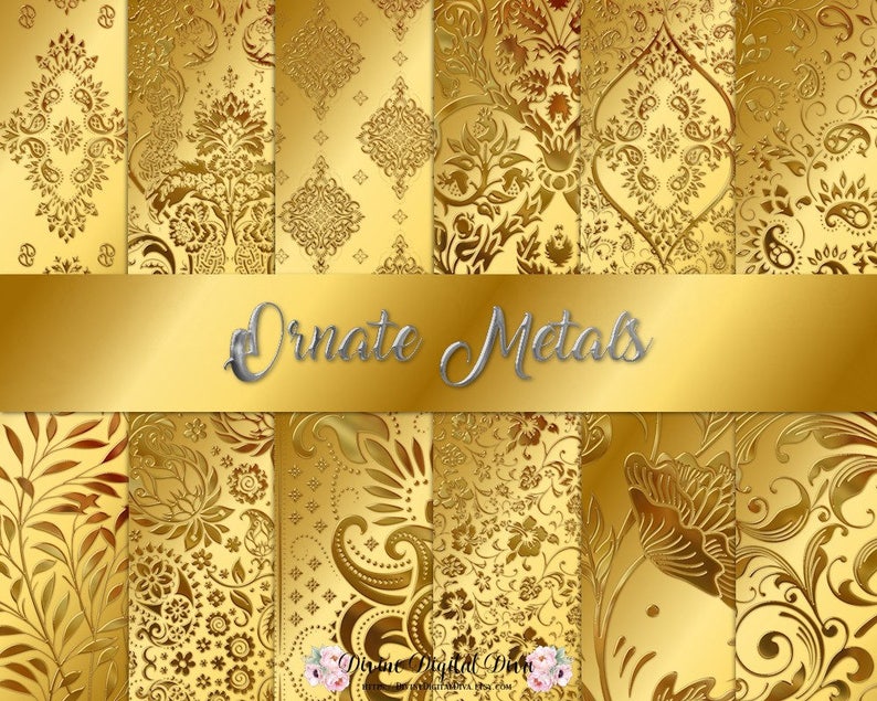 Gold Ornate Metal Papers Shiny Metallic Damask Scrolly - Etsy