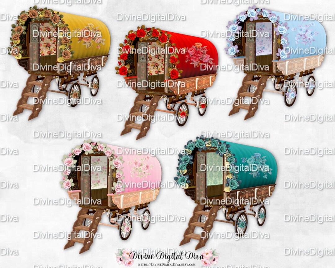 Gypsy Caravan Wagon Clipart Pink Blue Red Teal Gold Roses - Etsy