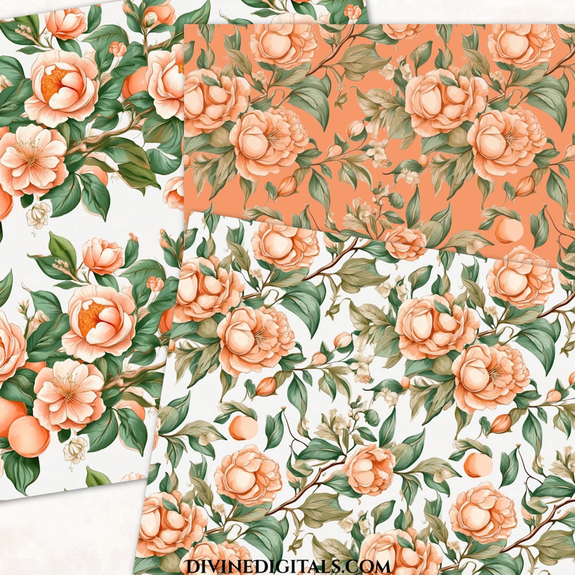 Peach Theme Peaches Birthday Seamless Papers Ivory Green Gold Clipart ...