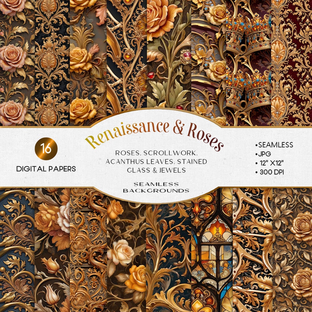 Renaissance & Roses Gold Scrolls Stained Glass Jewels Digital Papers ...