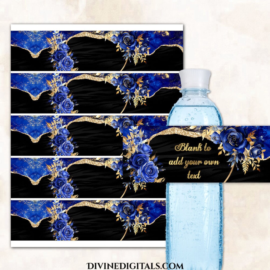 Blank Printable Water Bottle Label Royal Blue & Gold Floral Roses ...