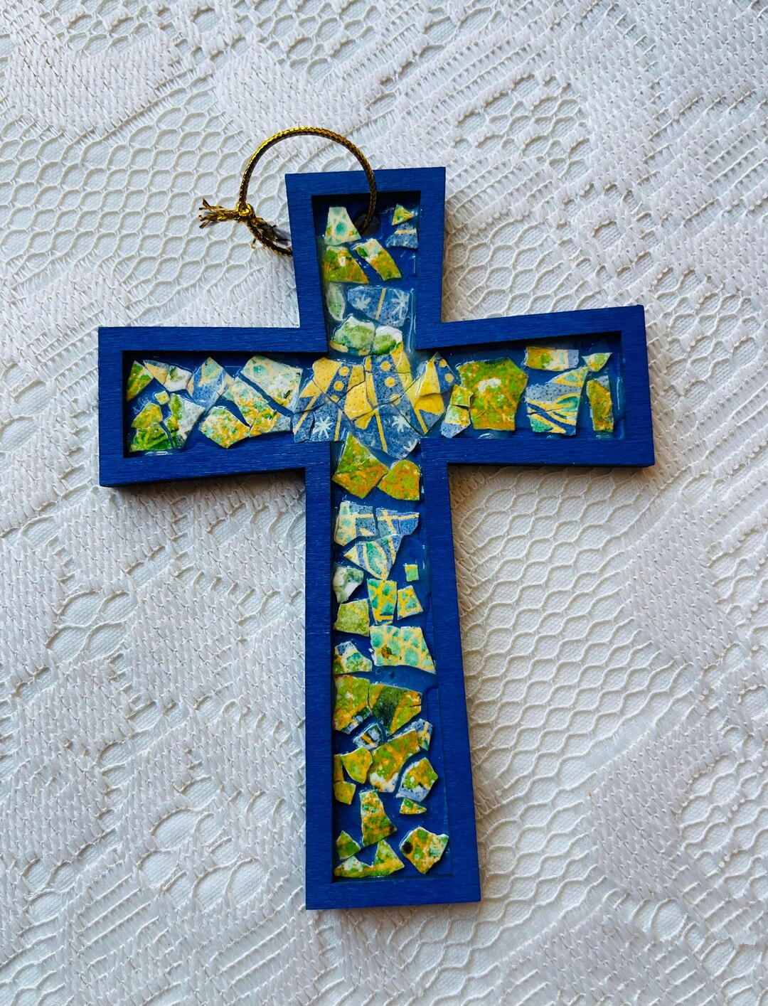 Blue and Yellow Pysanky Mosaic Cross - Etsy