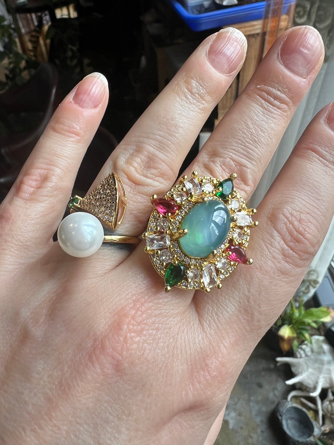 Lab Grown star Sapphire and Zircon Ring With Free Artificial Pearl ...